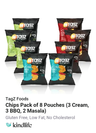 TagZ Foods: Chips Pack of 8 Pouches (3 Cream, 3 BBQ, 2 Masala)