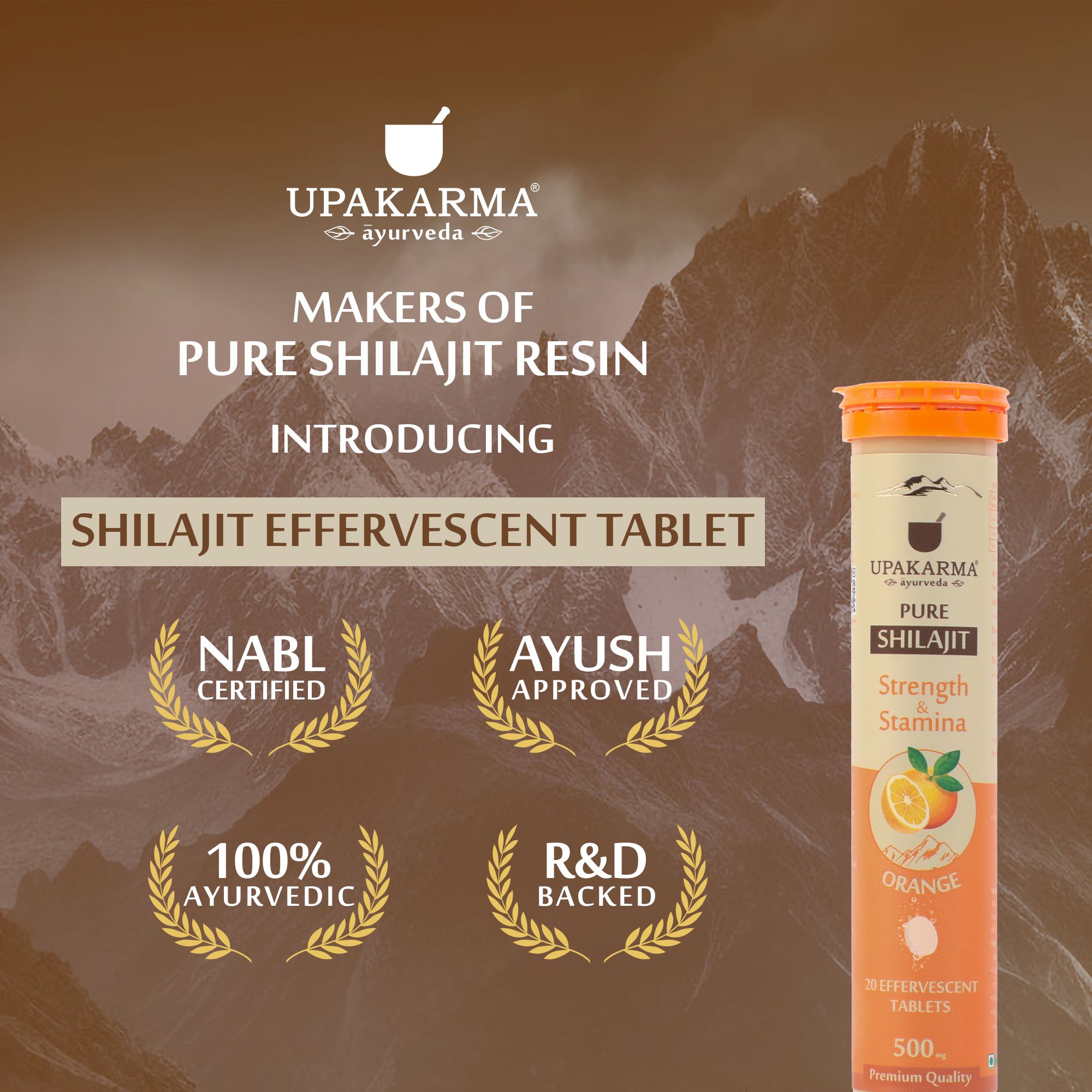 UPAKARMA: Ayurveda Pure Shilajit Effervescent Tablet - Orange - 20 Tablets