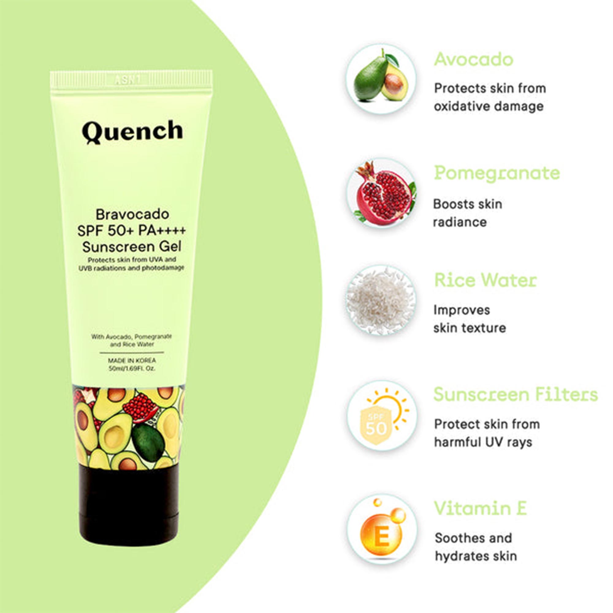 Quench Botanics: Bravocado SPF 50+ PA++++ Sunscreen gel | Korean Skin ...