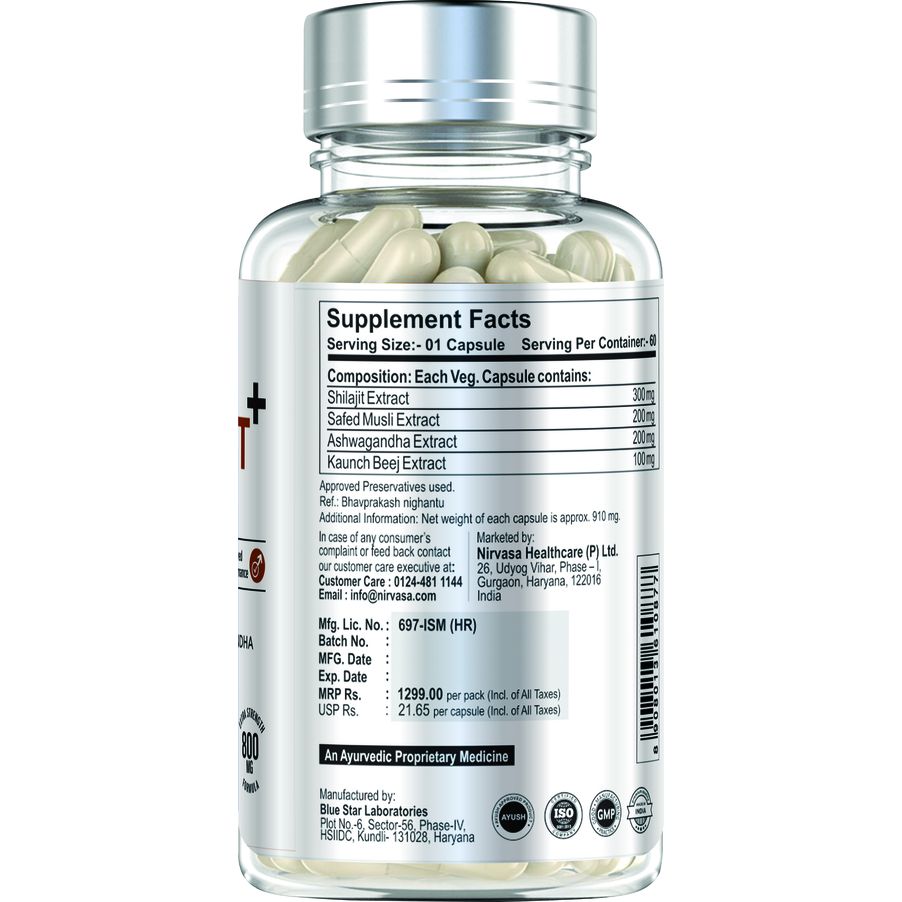 Nirvasa: Pure Shilajit Capsules with Safed Musli - Ashwagandha & Kaunch Beej...